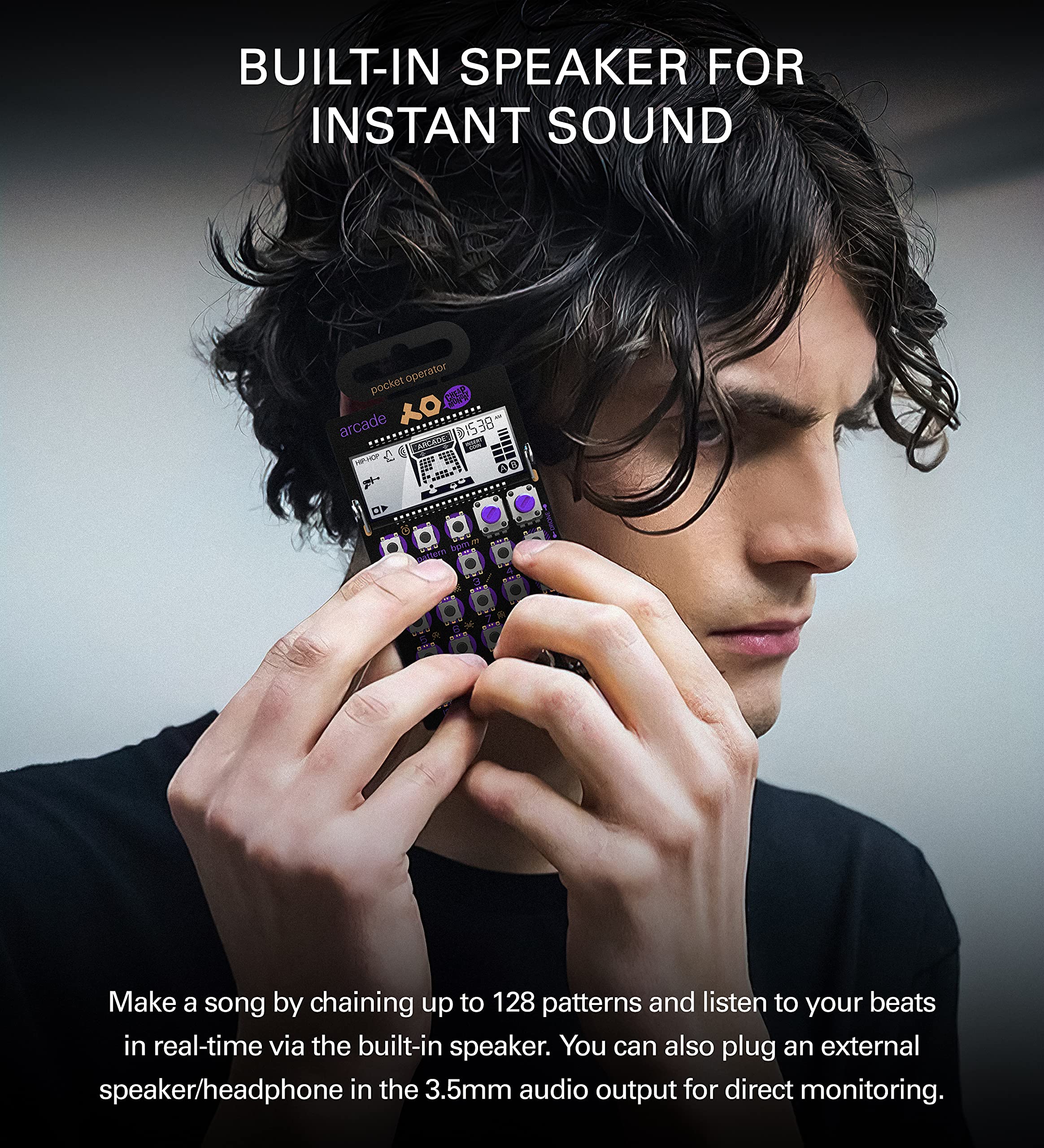 teen age engineering Pocket Operator PO-20 Arcade Synthesizer and Sequencer Bundle with Samson SR350 Over-Ear Stereo Headphones, Blucoil 3-Pack of 7" Audio AUX Cables, and 4 AAA Batteries
