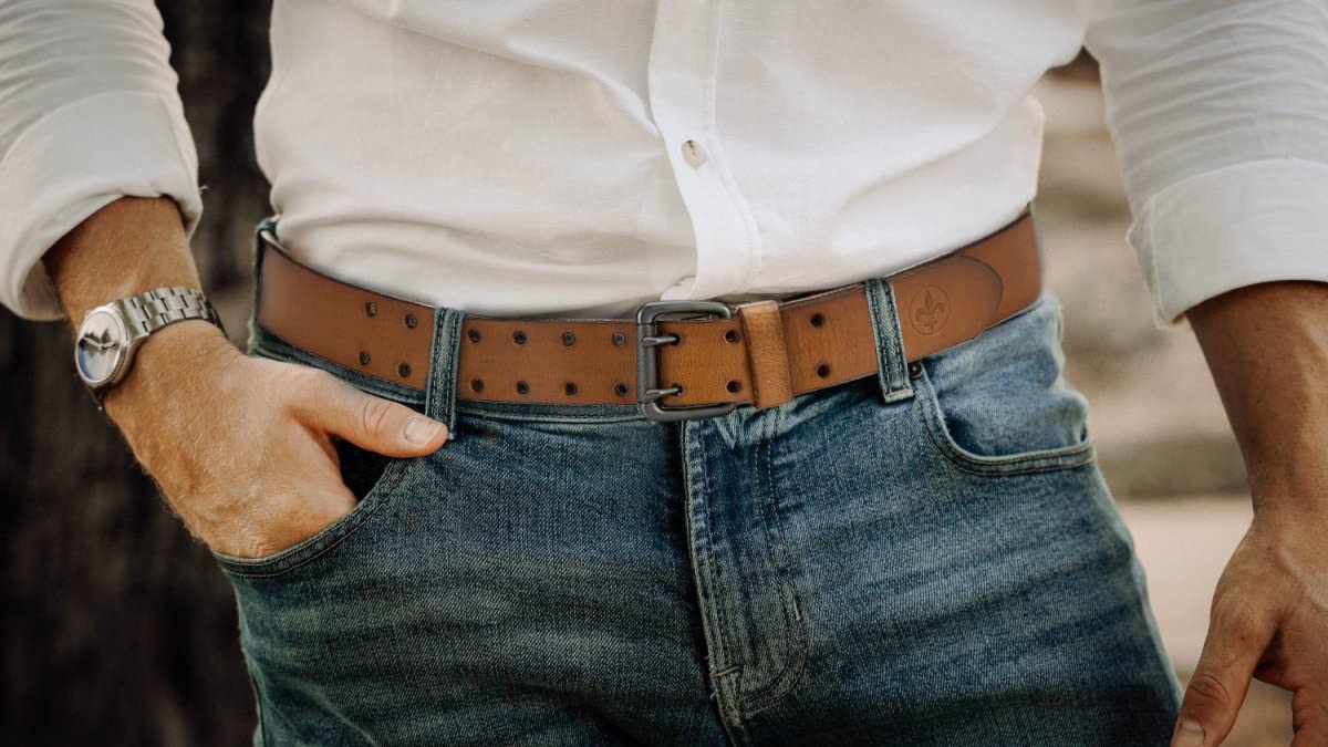 YOETEY Leather Work Belt for Men - Double Prong Belt 40mm with Full Grain Leather - 9 Sets Holes for a Perfect Fit