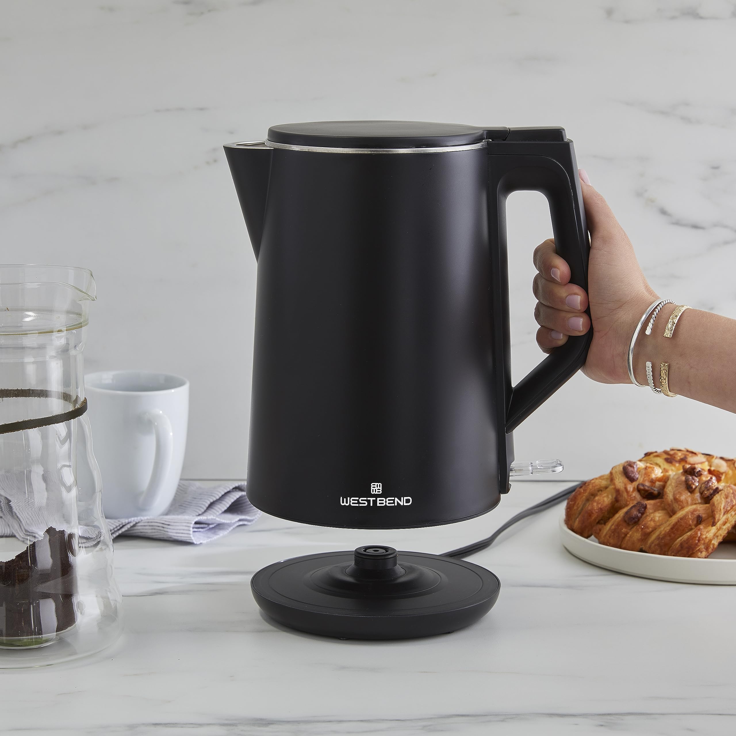 West Bend Electric Kettle Cordless Serving Features Stainless Steel Interior Boil Dry Protection and Auto Shut Off, 1.5-Liter, Black