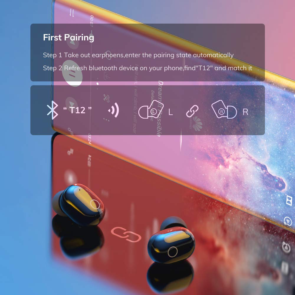 True Wireless Earbuds Bluetooth Headphones Touch Control with Wireless Charging Case in-Ear Headset for Sports, Mystic Black