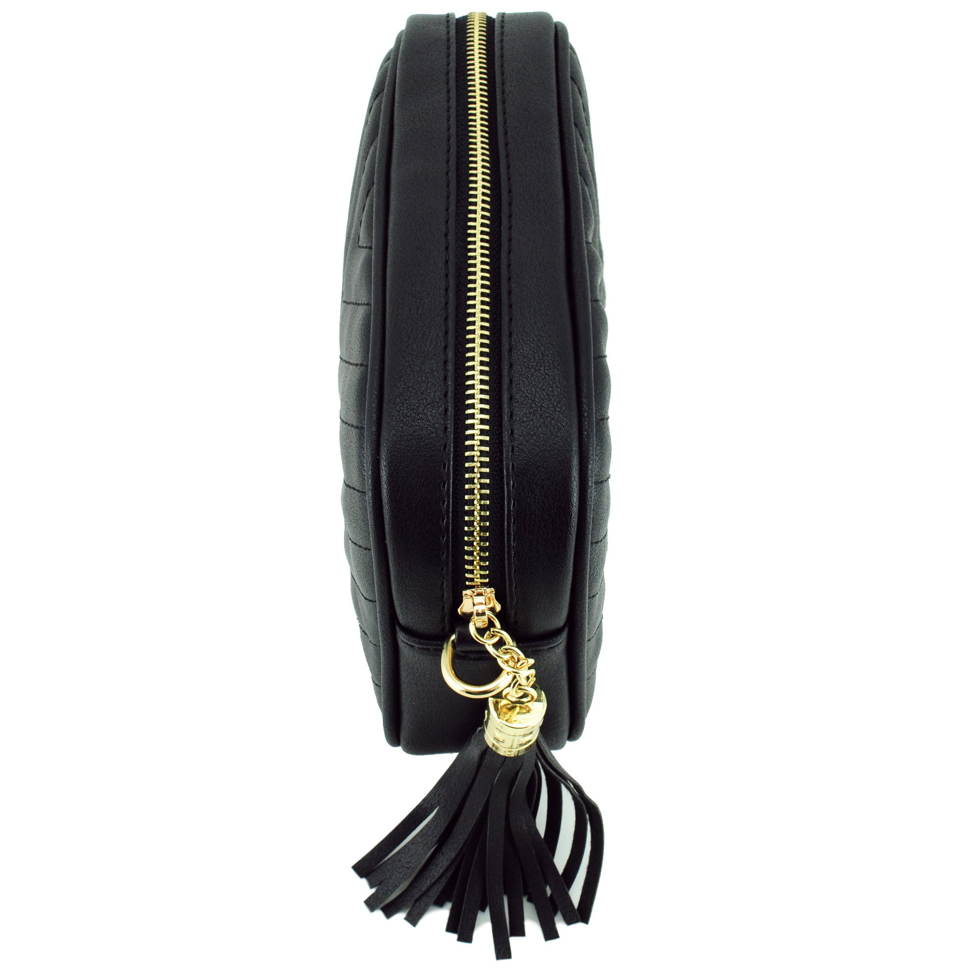 Simple Shoulder Bag Crosbody with Metal Chain Strap and Tassel Top Zipper (Black)