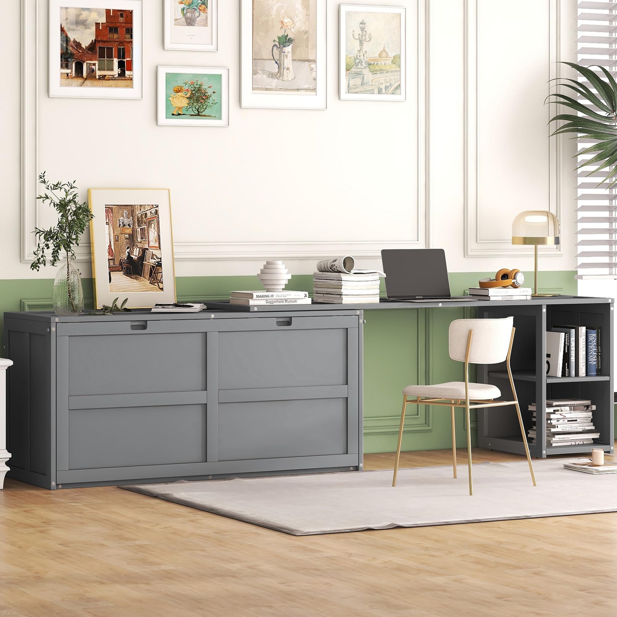 Queen Size Murphy Bed,Bed Frame with Rotable Desk - Gray for Bedroom/Living Room