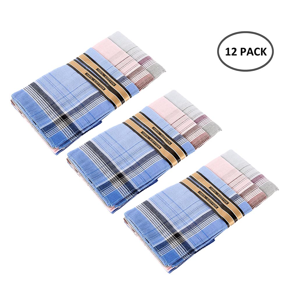 uywapvt 12Pcs Cotton Men Handkerchiefs, 15β x 15" Coloured Stripe 100% Soft Cotton Mens Handkerchiefs Checkered Pattern Pocket Square Hankies Gift for Gentleman Father Male Friend