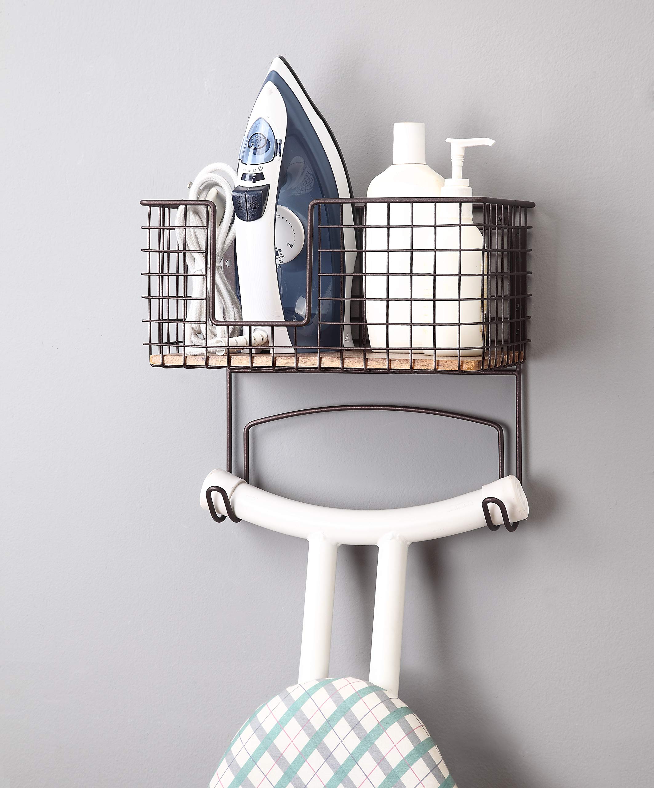 SunnyPoint Metal Wall Mount/Over The Door Ironing Board Holder with Large Storage Basket (ORB, 12" X 7" X 5.5" (Basket Size))