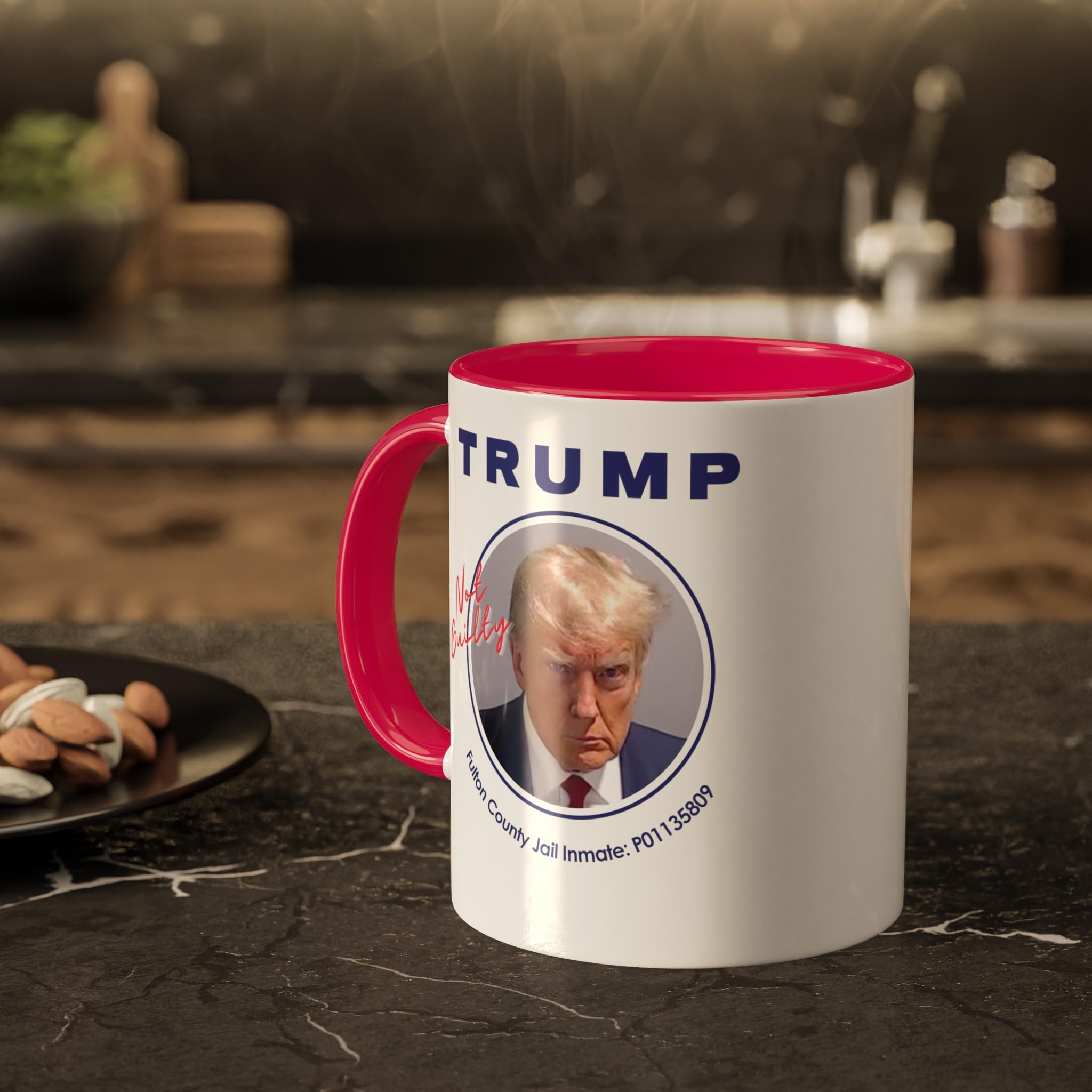 Two Sided 15oz Trump Mugshot Mug - Trump Not Guilty Inmate No. P01135809 Ceramic Coffee Mug - Gift for Any Trump-Loving Conservative (Blue)
