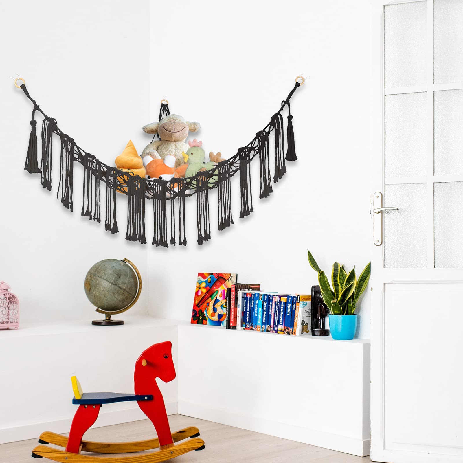 Triangle Stuffed Animal Hammock, 2 Sets Hammock for Stuffed Animals with Macrame Tassels, 59"x 40"x40" Net for Stuffed Animals Corner, Stuffed Animal Net or Hammock for Bedroom (Black)