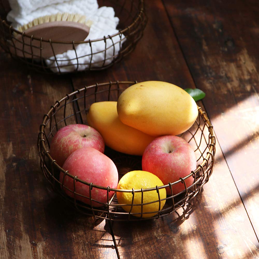 Vintage Handmade Woven Wrought Iron Mesh Fruit Basket Bowl Creative Bronze Snack Plate Tray Holder Stand Round Serving Storage Container (Medium(1pc))