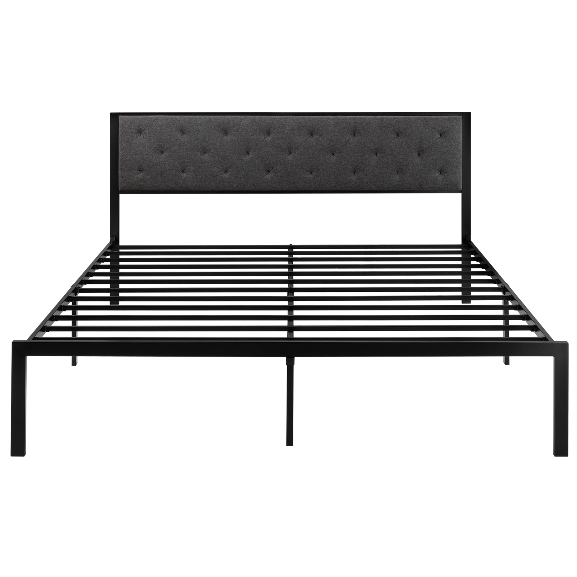 SHA CERLIN King Size Metal Platform Bed Frame with Linen Fabric Upholstered Button Tufted Headboard, Mattress Foundation with 12.4β Storage, No Box Spring Needed, Easy Assembly, Dark Grey