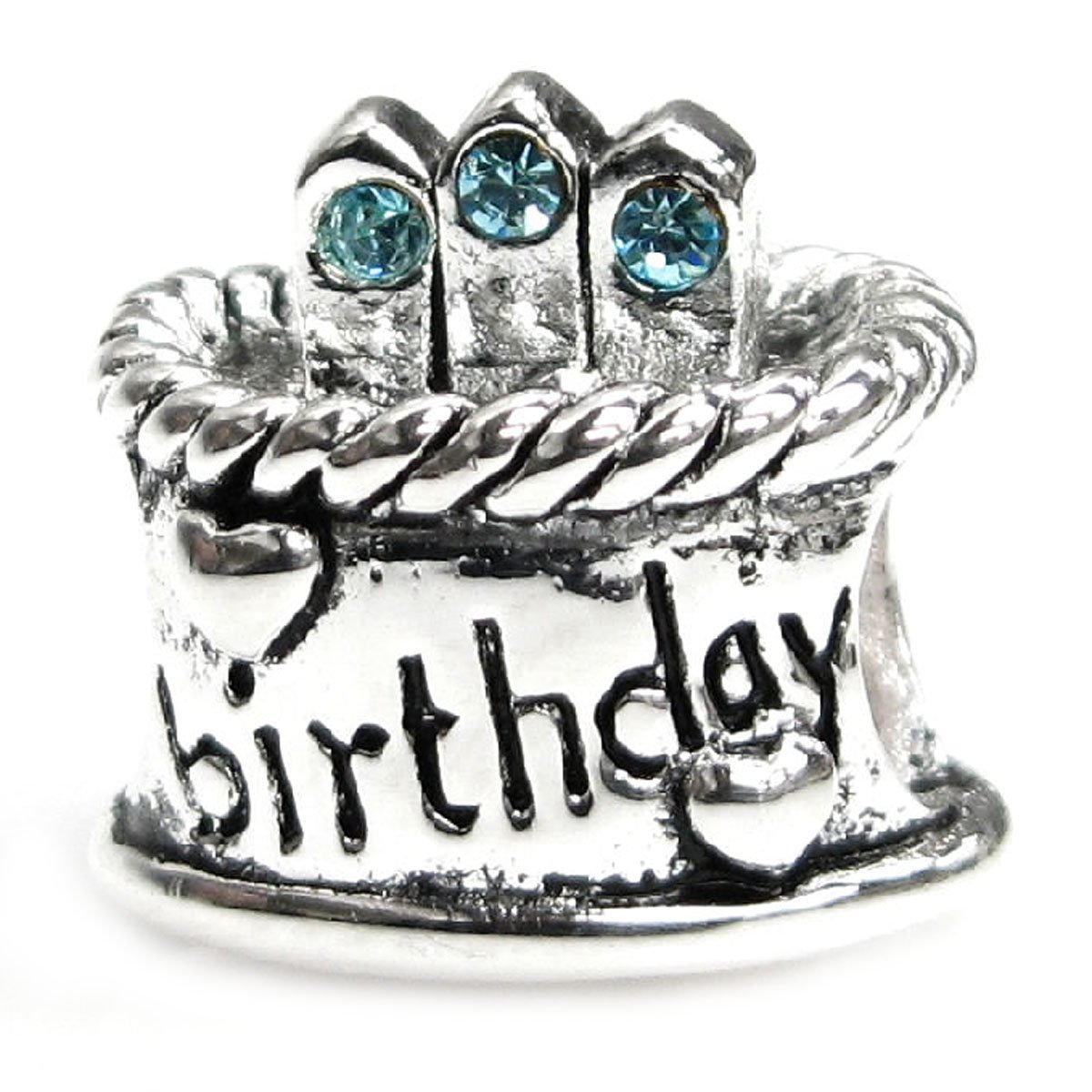 Queenberry Sterling Silver Birthday Cake Light Blue Simulated March Birthstone Round European Bead Charm
