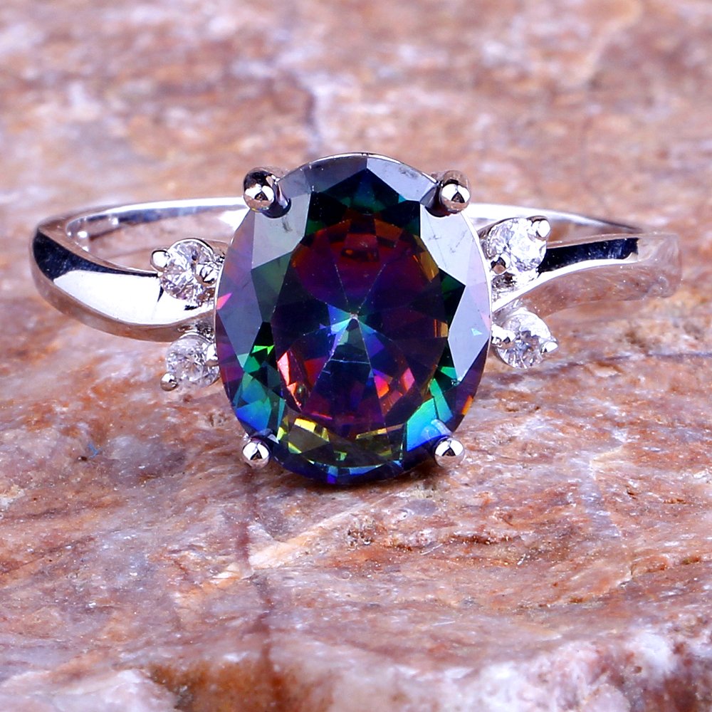 Psiroy 925 Sterling Silver Plated Oval Cut Simulated Rainbow Topaz Promise Ring Size 7