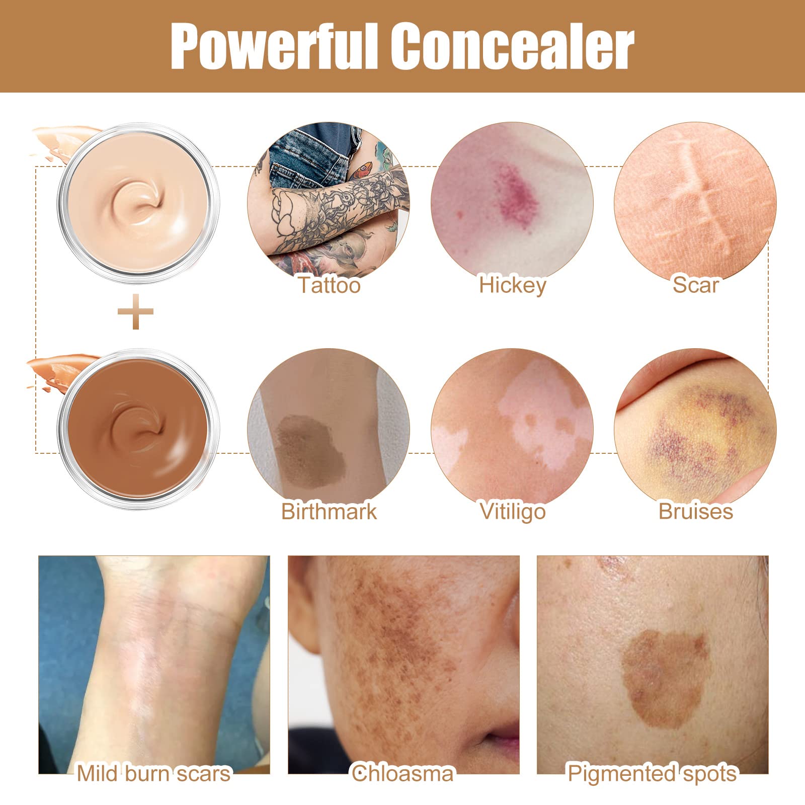 Tattoo Cover Up, 2 Colors Makeup Waterproof, Invisible Skin Concealer Set, Long Lasting Suitable for and Scars, Dark Spots, Vitiligo, 0.07 kilograms