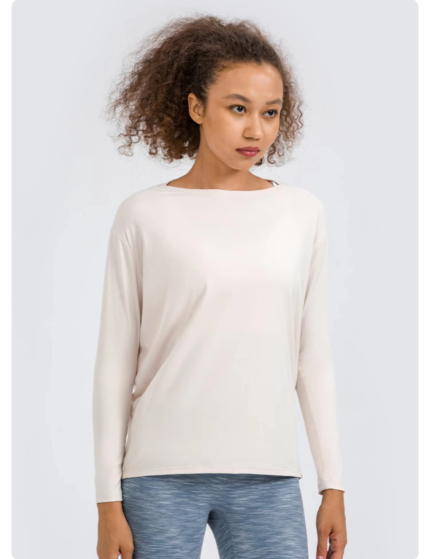 Women's Long Sleeve Workout Shirts Loose Fit Boatneck Soft Yoga Athletic Casual Tops Cream