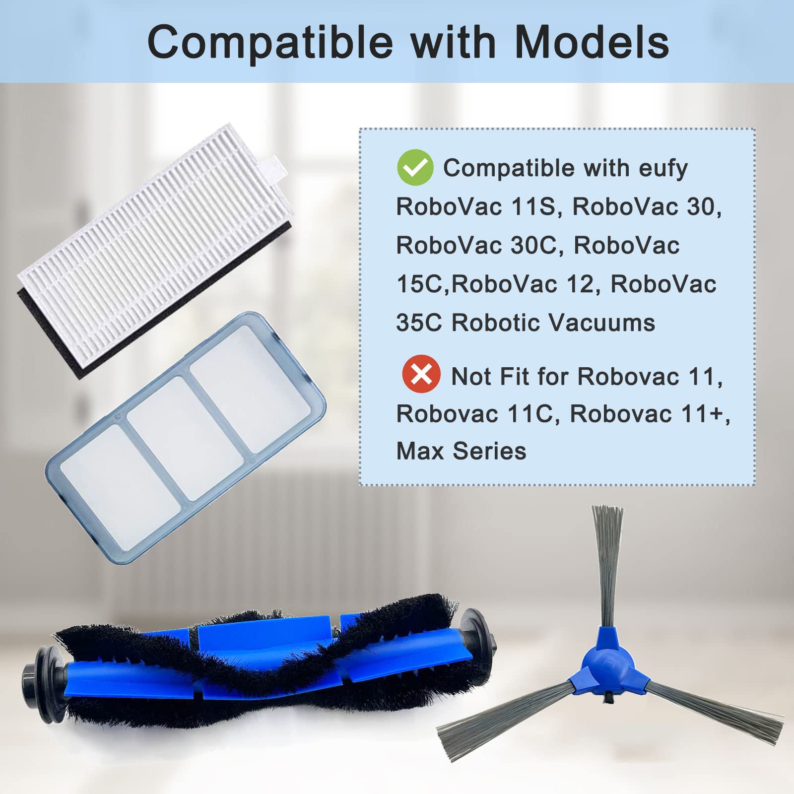 Tivcroxs 28 Pack Replacement Part Compatible for Eufy RoboVac 11S, 15C, 30, 30C, 12, 35C, 25C, 15T Robotic Vacuums, 2 Rolling Brushes, 12 Filter Sets, 12 Side Brushes, 2 Pre Filters