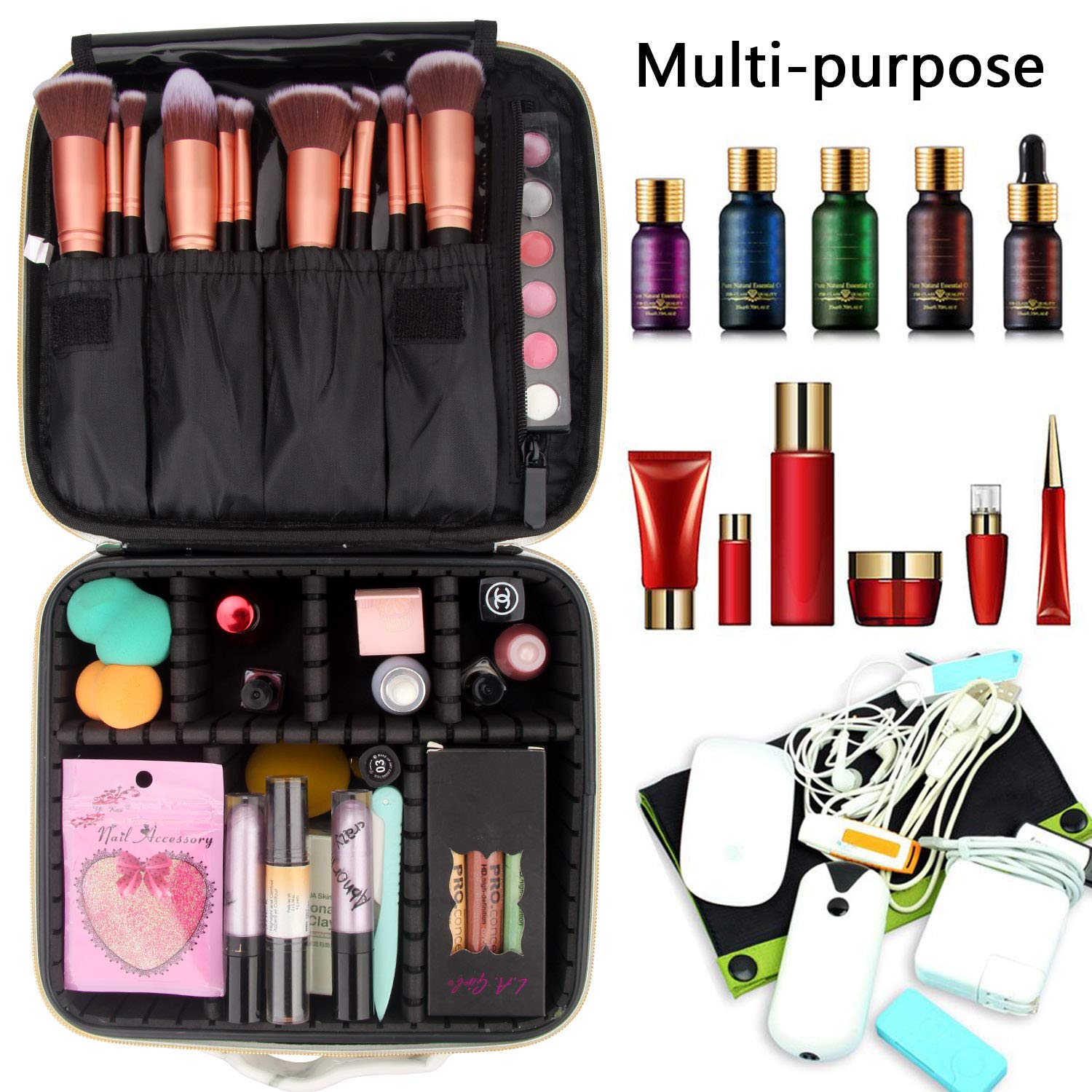 Relavel Marble Makeup Bag Large Organizer Bag Travel Train Case Portable Cosmetic Artist Storage Bag with Adjustable Dividers for Cosmetics Makeup Brushes (Marble Pattern)