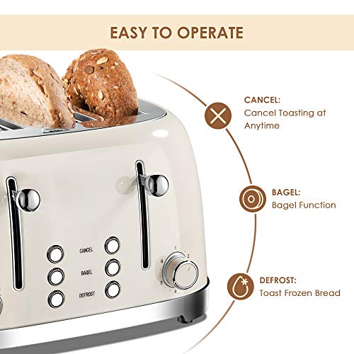 REDMOND 4 Slice Toaster Retro Stainless Steel Toasters with Bagel Defrost Cancel Function, 6 Browning Settings, Cream, ST033 WT-340C