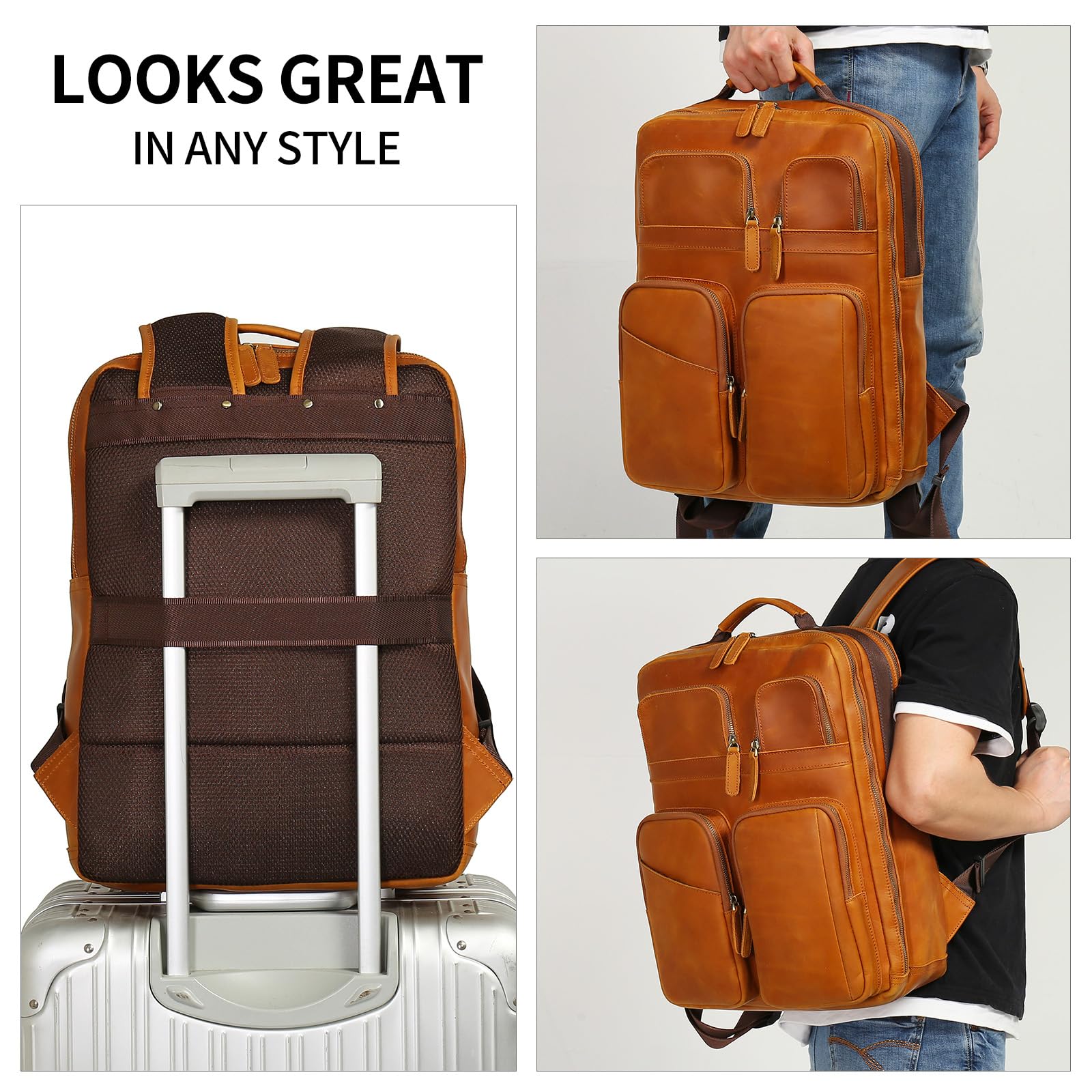 UBANT Leather Backpack For Men,17.3" Laptop Backpack Large Capacity Multi Pockets Casual Travel Business Office Work Bag Camping Weekend Daypack Outdoor Sports Rucksack