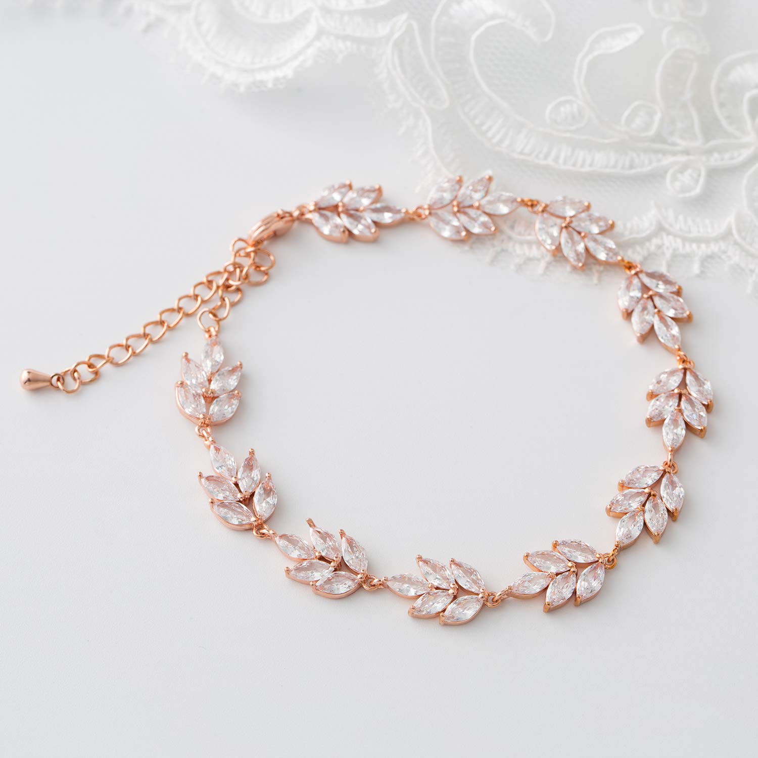 SWEETV Rose Gold Bracelet Wedding Bridal for Brides,Bridesmaid-Crystal Cubic Zirconia Bracelet Leaf Vine Vintage Style