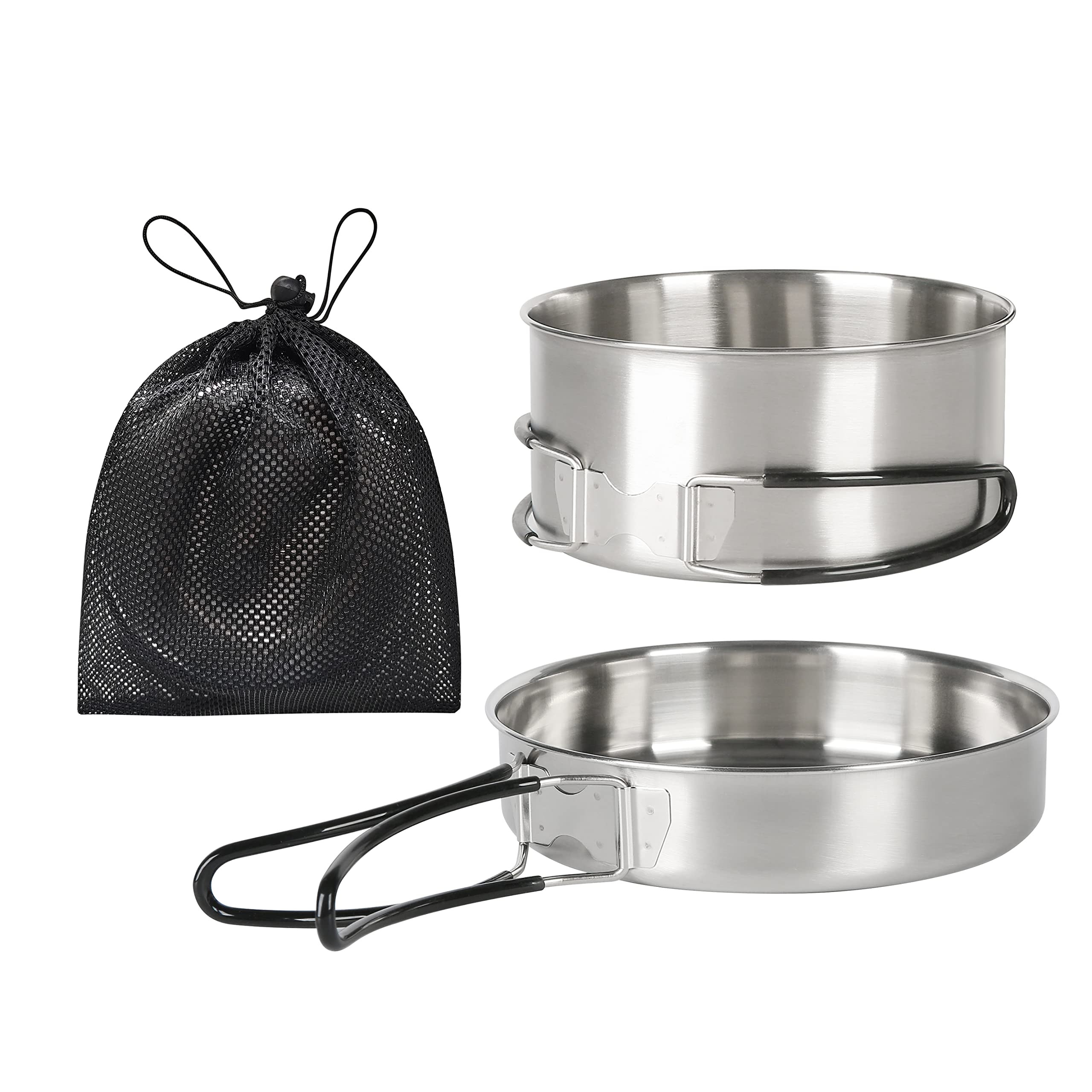 Wsaikis Stainless Steel Lunch Box Camping Cookware, Compact Mess Kit, Pot and Frying Pan with Folding Handle & Portable Mesh Bag Cooking Set for Picnic,Camping,Hiking
