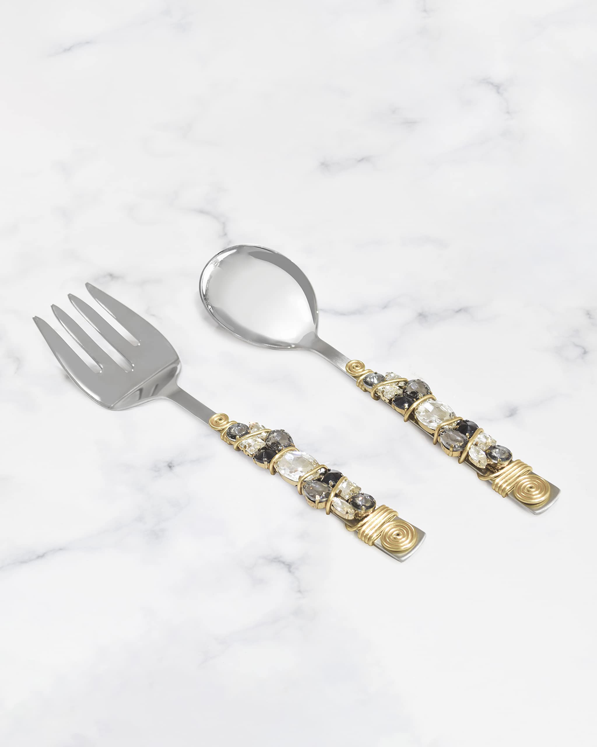 YoTreasure Tiramisu Crystal Radiance Stainless Steel Black & White Salad Server Spoon and Fork Set for Modern Kitchen