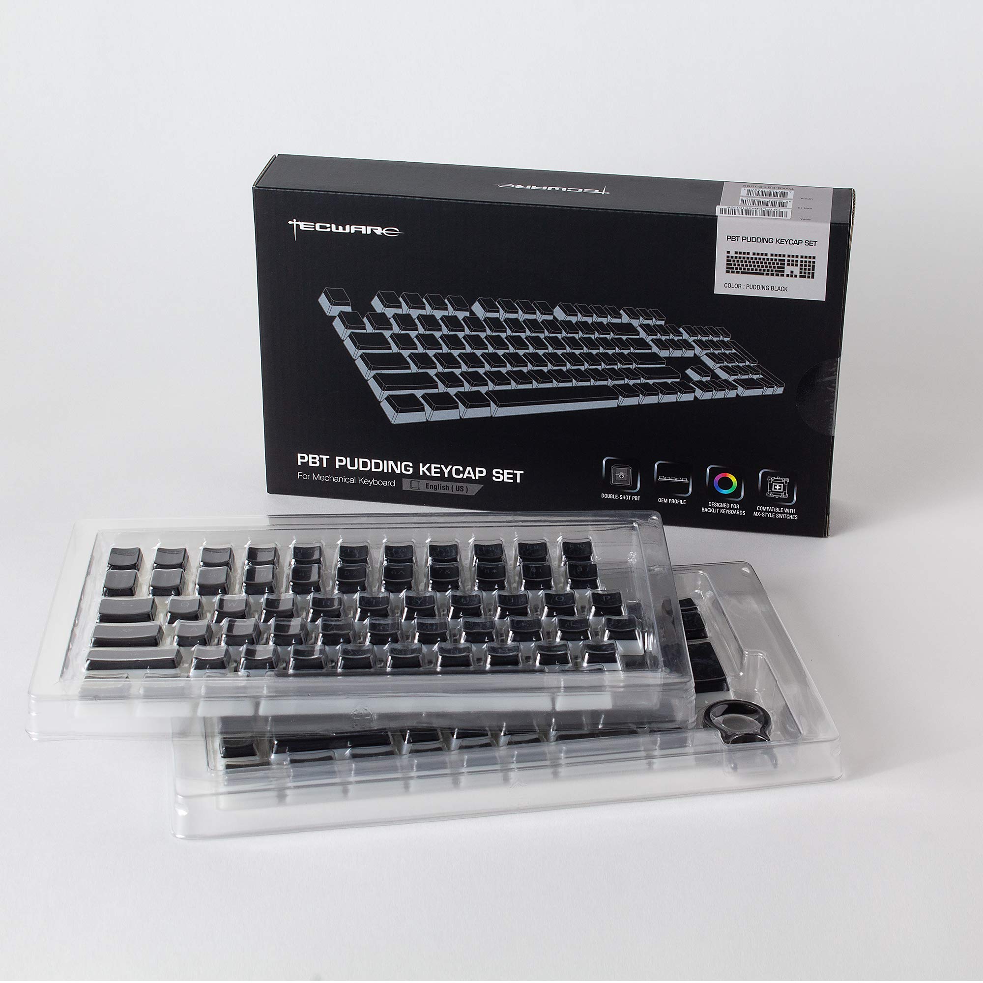 TECWARE PBT Keycaps Two Tone Keycap Set, Full Keys 111 Keys with Keycap Puller, Double Shot Gaming Keycaps for Mechanical Keyboards Keyboard Keys, English (US, ANSI) (Black/Gray)