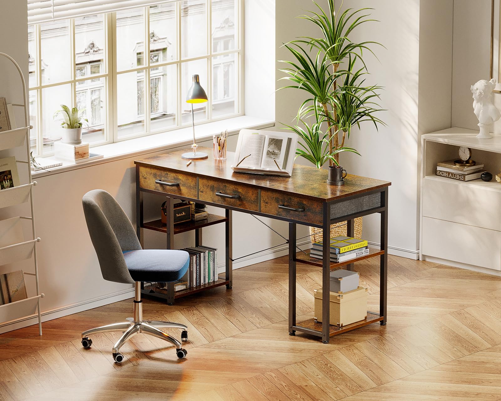 ODK Office Small Computer Desk: Home Table with Fabric Drawers & Storage Shelves, Modern Writing Desk, Vintage, 48"x16"