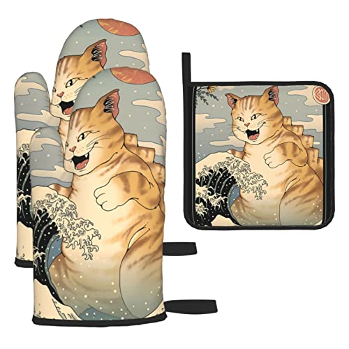Tattoo Funny Cat Oven Mitts Pot Holders Set Non-Slip Cooking Kitchen Gloves Washable Heat Resistant Oven Gloves for Microwave BBQ Baking Grilling