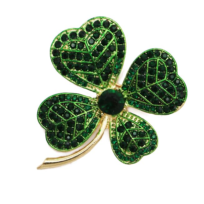 Rosemarie Collections Women's St. Patrick's Day Lucky Irish Four Leaf Clover Shamrock Pave Crystal Rhinestone Pin Brooch (Gold Tone, 2.25")