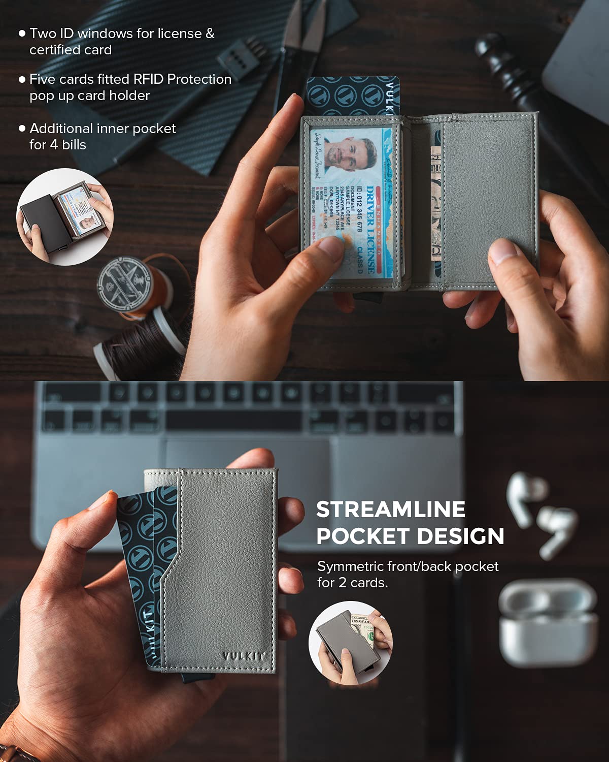 VULKIT Card Holder Wallet for Mens with ID Windows RFID Blocking Pop Up Wallet Slim Leather Wallet Holds Up to 12 Cards Men's Card Case, Iron Grey