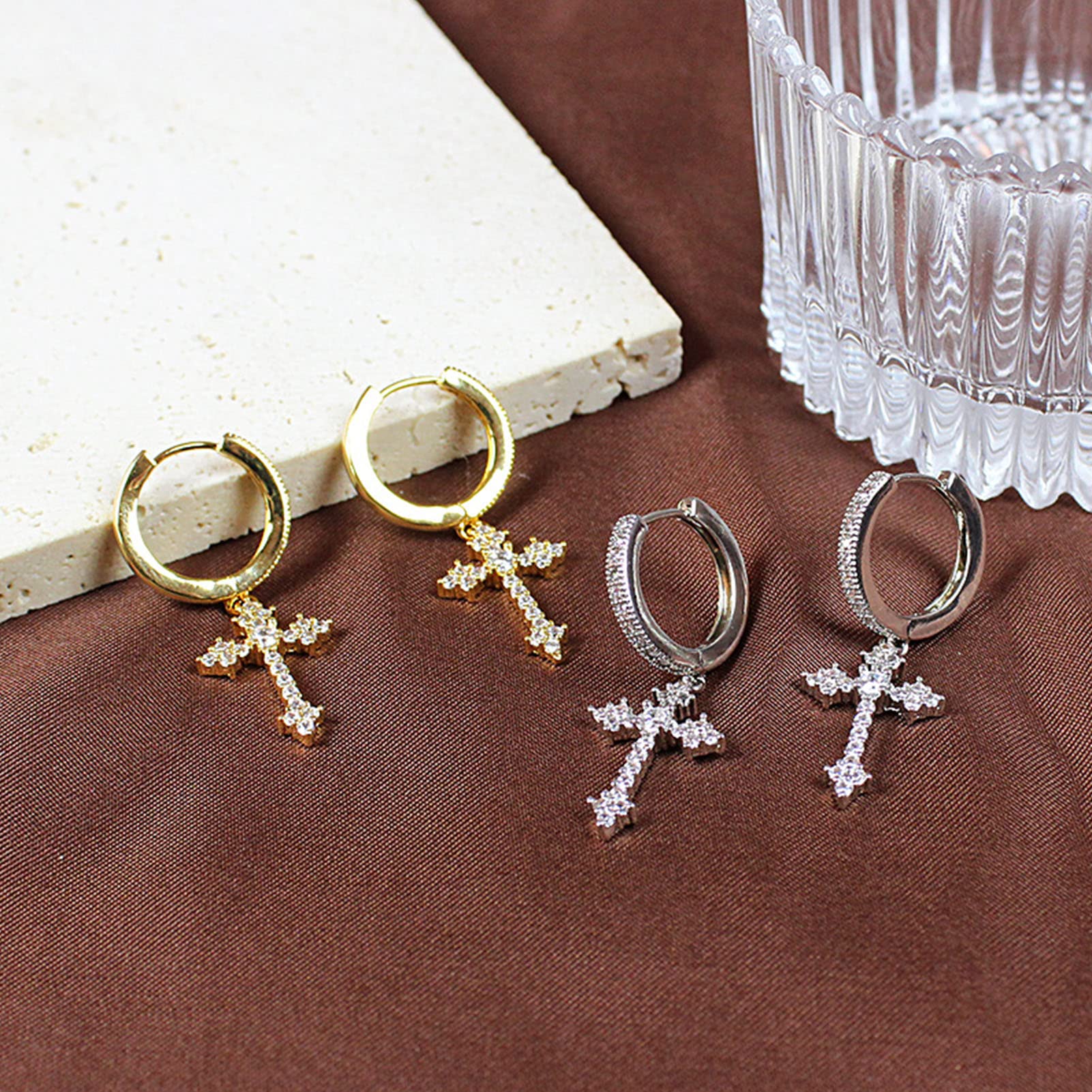 TKMIRA 14K Gold/Silver Plated Cross Earrings Men Women Hypoallergenic Cubic Zirconia Dangle Hoop Earrings (cross3-silver)