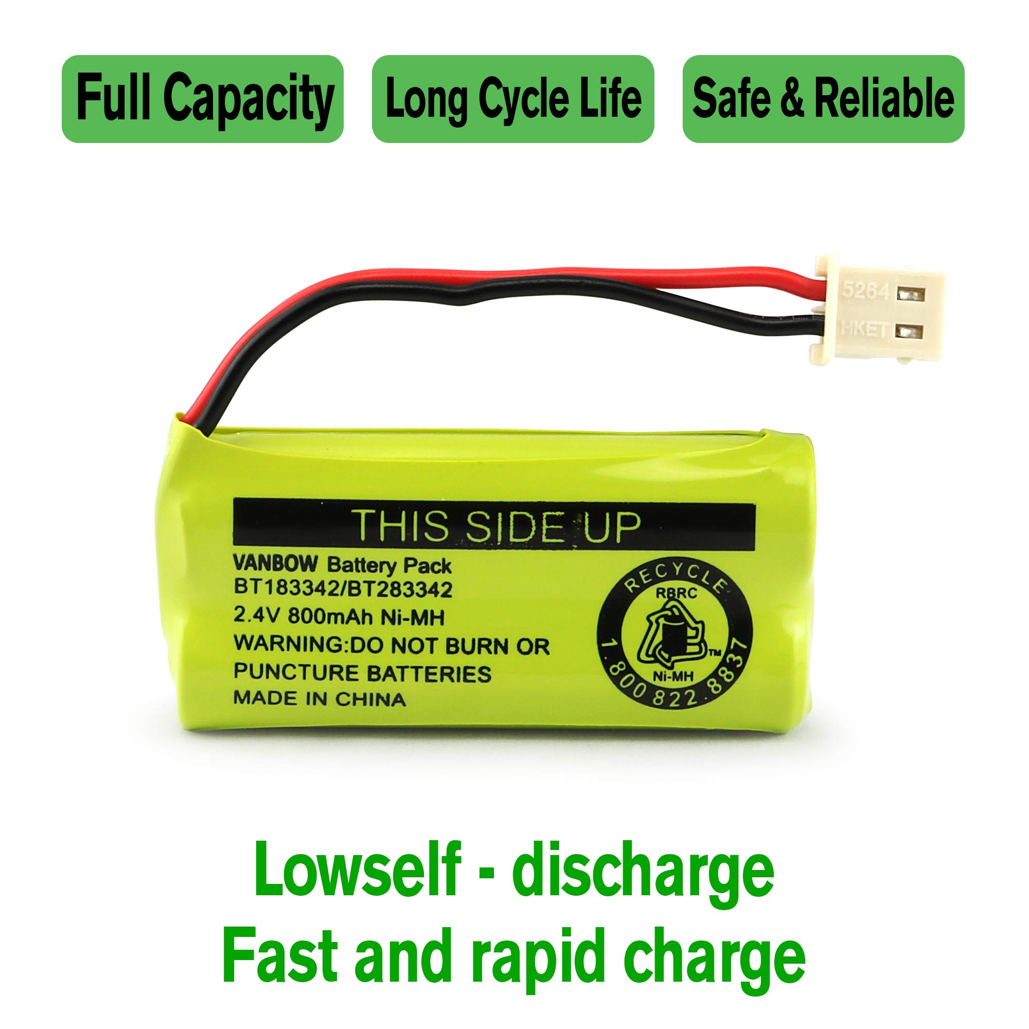 VANBOW BT183342/BT283342 2.4V 800mAh Ni-MH Battery Pack, Compatible with AT&T VTech Cordless Phone Batteries BT166342/BT266342 BT162342/BT262342 CS6709 CS6609 CS6509 CS6409 EL52100 EL50003 (Pack 2)