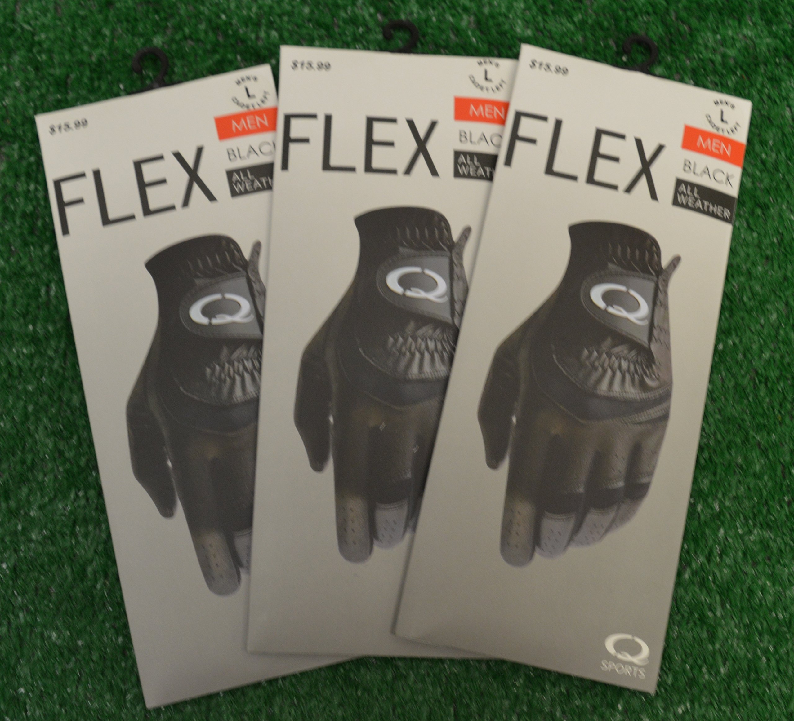 Q Sports 3 Flex All Weather Black Golf Gloves - Men's Left Hand Cadet Large