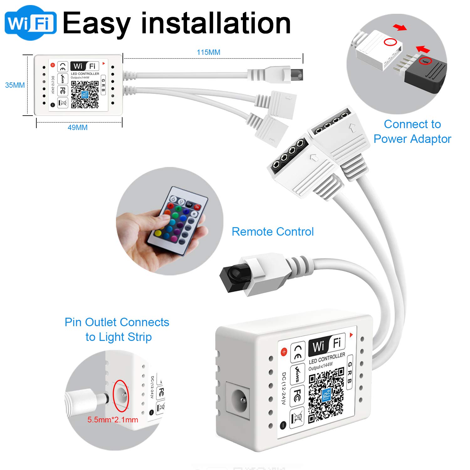 Smart WiFi LED Strip Light Controller, 2 in 1 DC12-24V 144W 6A with Remote, Works with RGB LED Strip Light, Compatible with Alexa Google Home and Siri