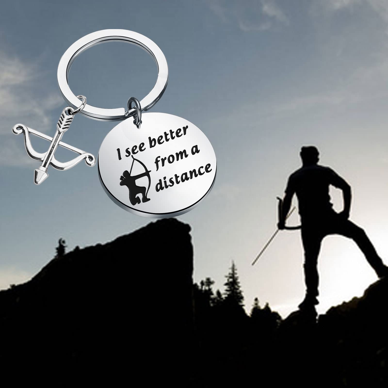 WSNANG Archer Keychain Archery Lover Gift I See Better From a Distance Bow And Arrow Keyring Archery Sport Player Gifts for Archery Team (SILVER)