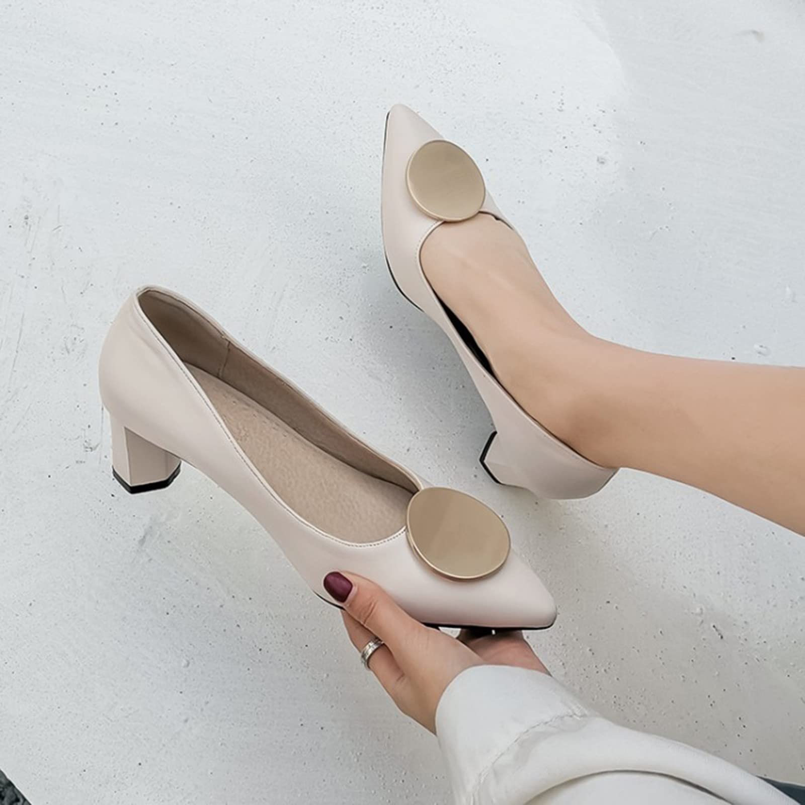 Women's Simple and Stylish Solid Color Spring and Summer Plain Simple Thick Heel Pointed Womens Casual Shoes Leather Beige
