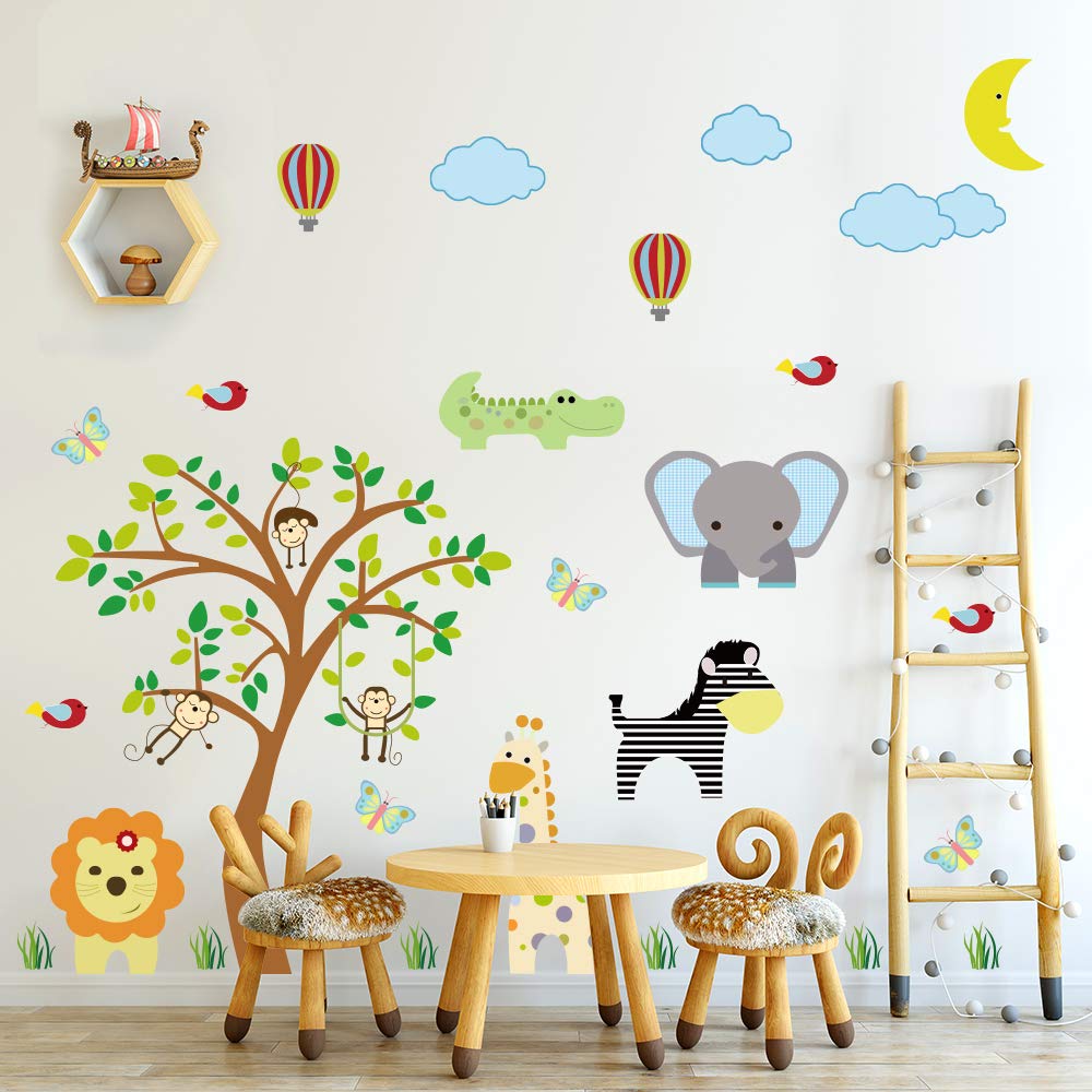 Supzone Jungle Tree Wall Stickers Pink Animal Wall Decals Removable for Girls Children's Room Nursery Bedroom Classroom Wall Decor