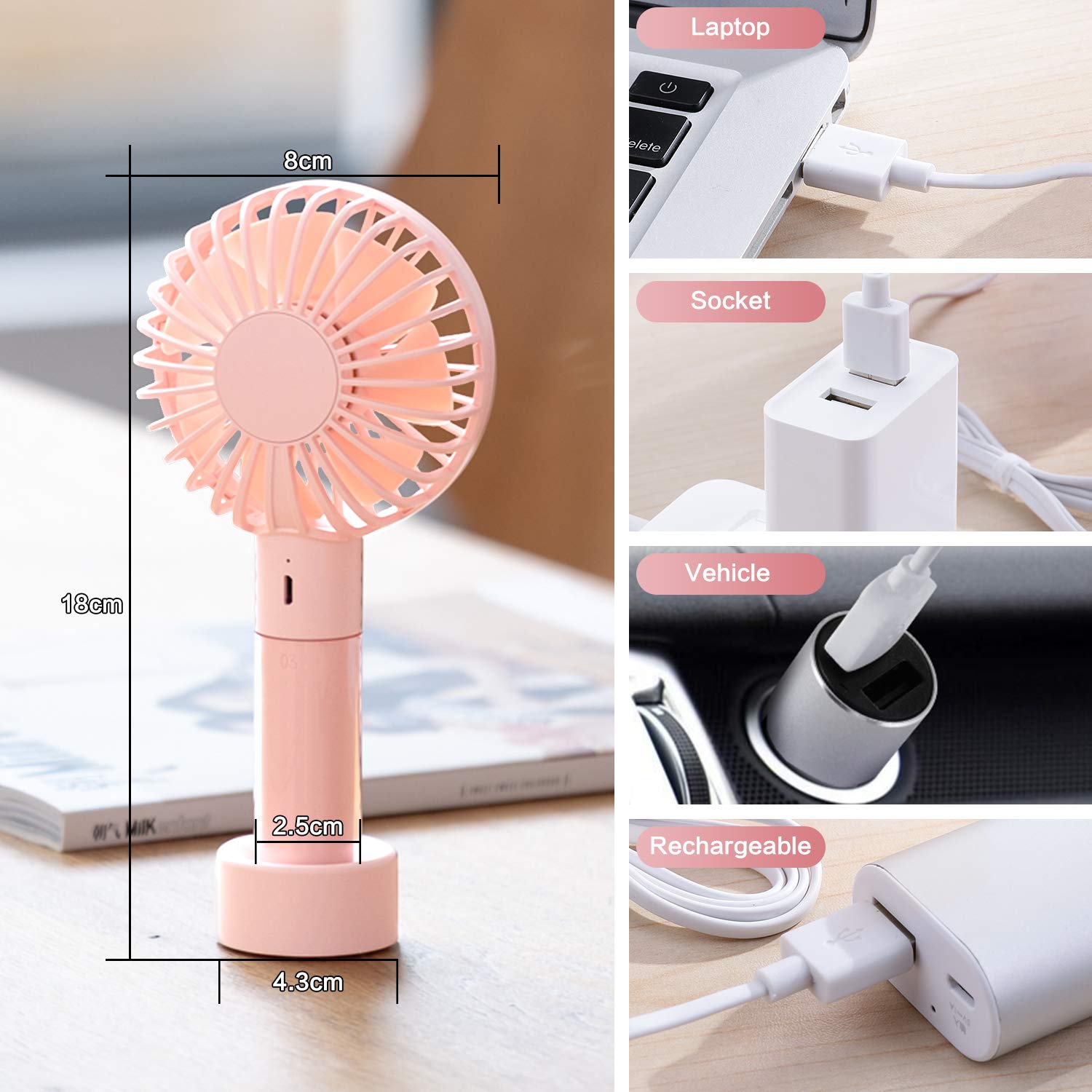 SmartDevil Handheld Fan, Mini Personal Fan with 1200mAh Rechargeable Battery, 3 Speeds Adjustable, Portable Desk Fan with Base, Colorful Handheld Fan For Home, Travel, Office, Camping, Pink