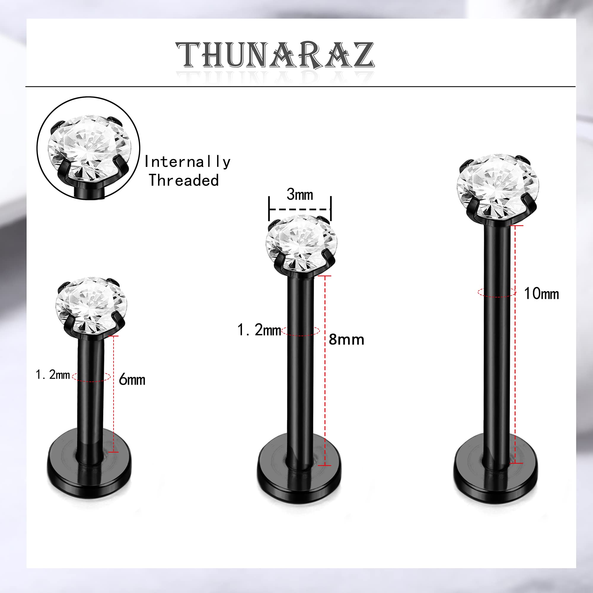 THUNARAZ 16G Lip Studs 6mm 8mm 10mm Stainless Steel Internally Threaded Lip Cartilage Tragus Helix Rings Forward Opal CZ Heart Flat Back Monroe Piercing Jewelry