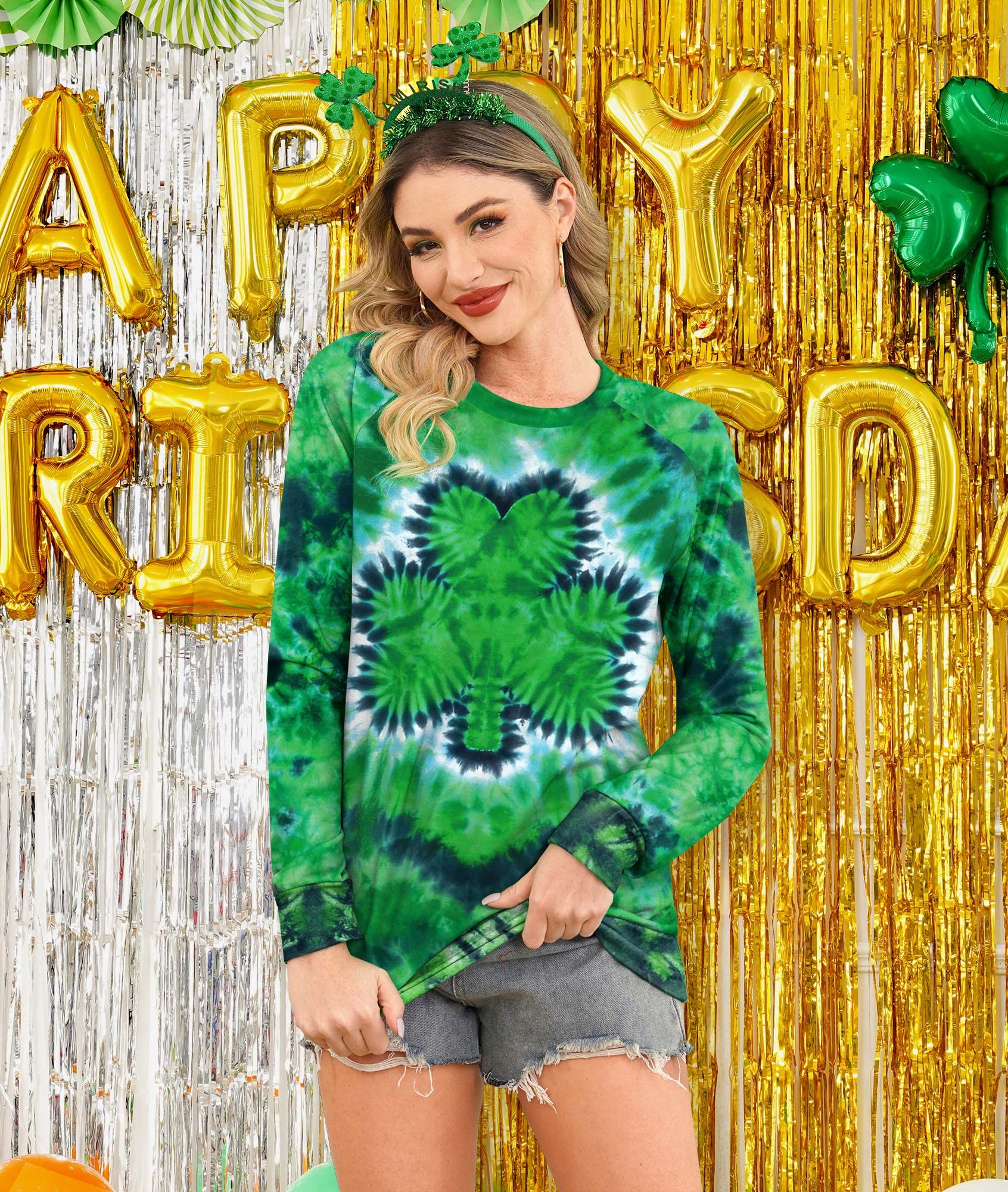 Women's St. Patrick's Day Printed Irish Shamrock Shirt Tie Dye Long Sleeve Raglan Sweatshirts Clover XL