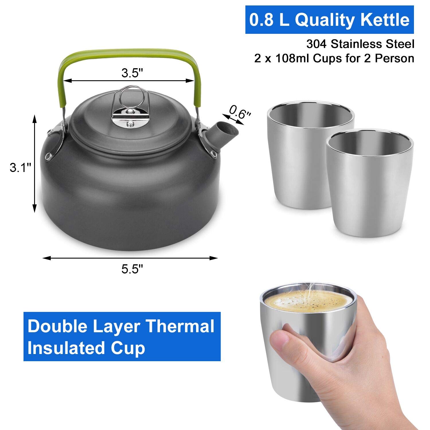 Odoland Camping Cookware Mess Kit, Lightweight Pot Pan Kettle with 2 Cups, Fork Spoon Kit Stainless Steel, gray for Backpacking, Outdoor Camping Hiking and Picnic