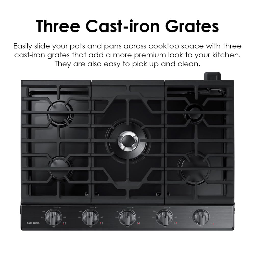 SAMSUNG 30" Built In Smart Gas Cooktop with Illuminated Knobs, 5 Burners, Black Stainless Steel, NA30N6555TG/AA