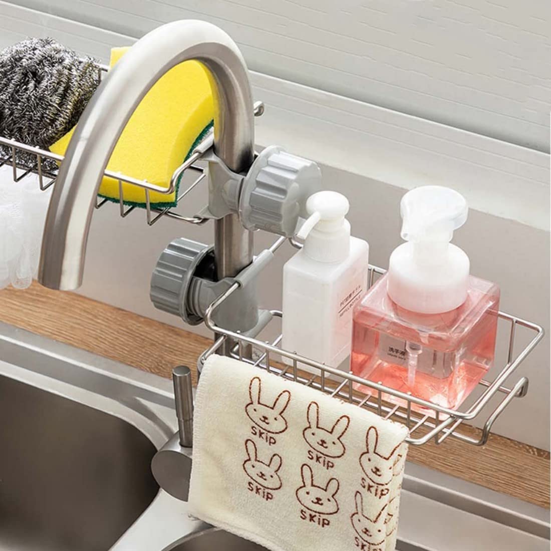 Vilehubju Faucet Storage Rack, Stainless Steel Sink Rack Removable Hanging Faucet Drainage Rack for Kitchen Bathroom Can Be Placed with Sponges Hand Sanitizer Soap Brushes Towels (Silver)
