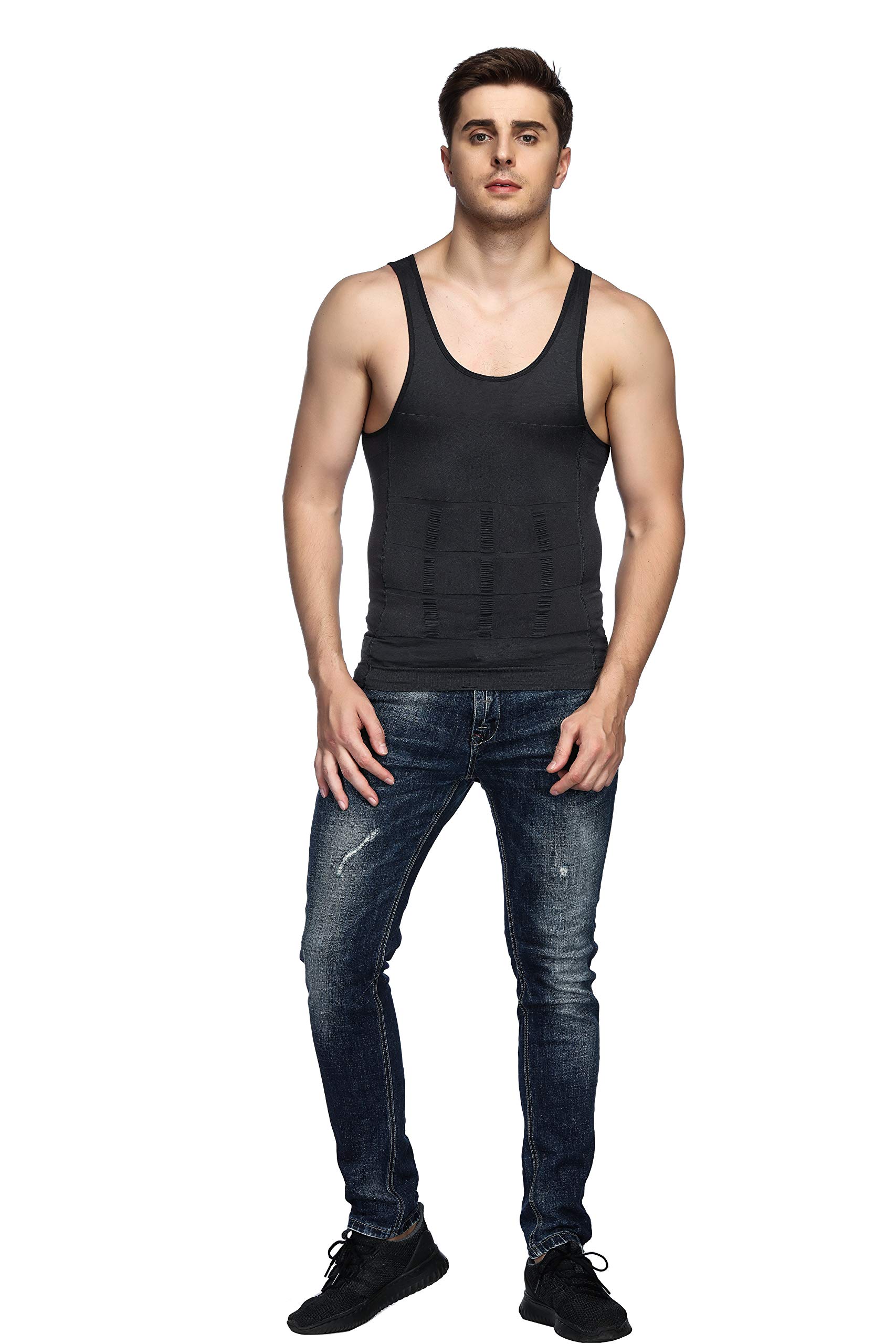 Odoland Men's Body Shaper Slimming Shirt Tummy Vest Thermal Compression Base Layer Slim Muscle Tank Top Shapewear, Black, M