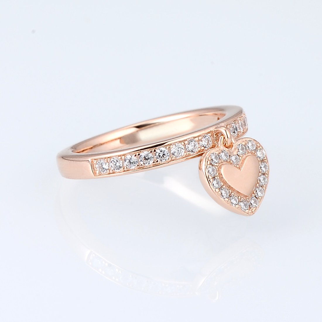 Santuzza 925 Sterling Silver Dangle Heart Ring White Cubic Zirconia Jewelry for Women (6, Rose Gold Plated)