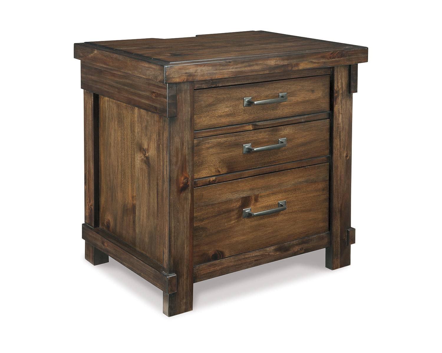 Signature Design by Ashley Lakeleigh Rustic Industrial 3 Drawer Nightstand with 2 Electrical Outlets, 2 USB Charging Stations, Dark Brown Wood Tone