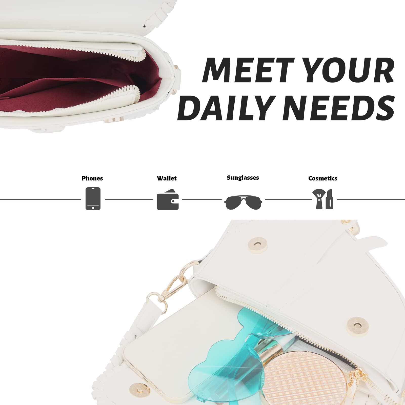 WOG2008 Women Saddle Bag Purses Trendy Black Saddle Shoulder Bag Leather Crossbody bag White Vintage Satchel Handbags
