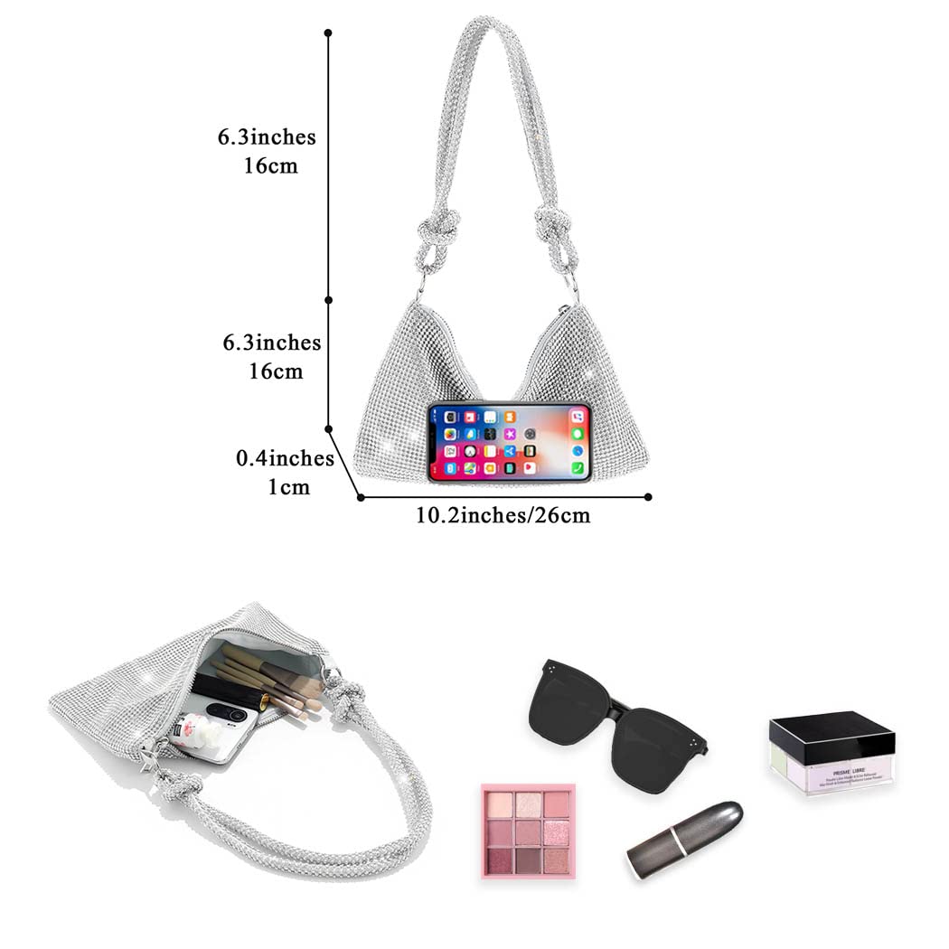 Yokawe Rhinestone Purses for Women Evening Bag Sparkly Hobo Bag Silver Handbag Vacation Party Club Wedding Clutch (Silver)