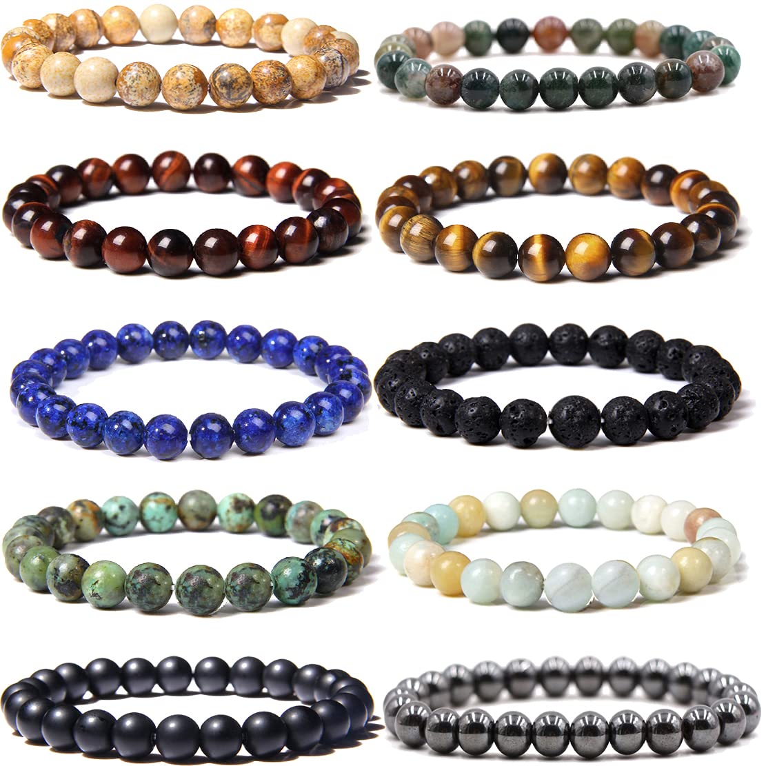 WAINIS 10 Pcs 8mm Stone Semi-Precious Gemstones Beaded Bracelets for Men Women Crystal Stretch Beaded Bracelet Unisex