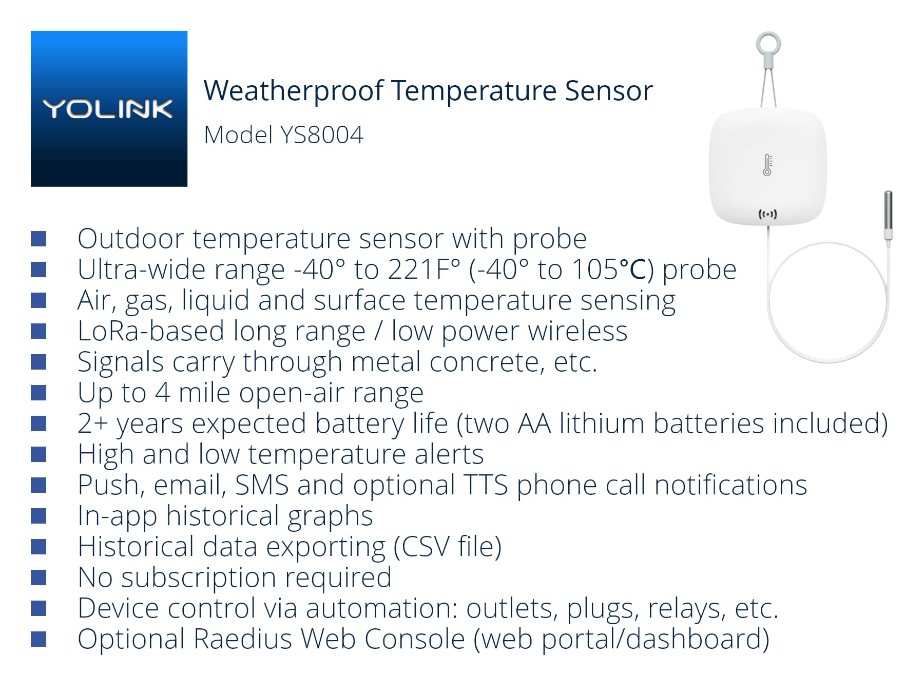 YoLink Weatherproof Fluid, Air, Surface Extreme High/Low Temperature Sensor with Probe, 1/4 Mile Long Range, YoLink Hub Required