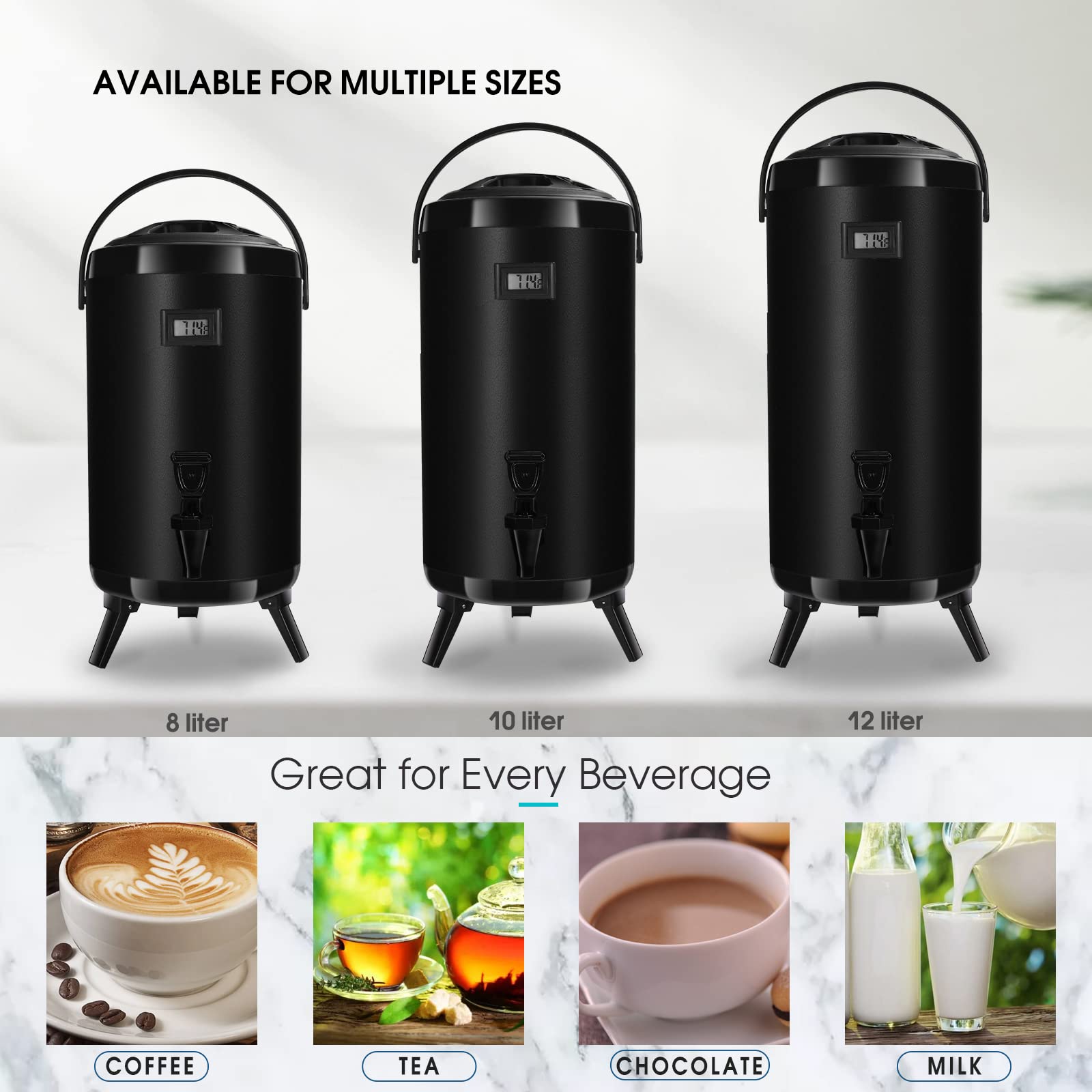 VorChef Hot Beverage Dispenser, Stainless Steel Insulated Beverage Dispenser Cold and Hot Drink dispenser with Thermometerâ3.2-Gallons 12 Liters Water Dispenser with Spigot for Tea & Coffee, Water