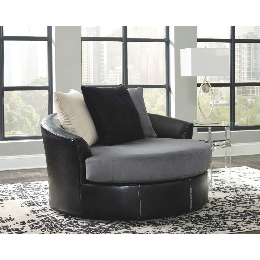 Signature Design by Ashley Jacurso Oversized Swivel Accent Chair with 3 Pillows, Gray & Black